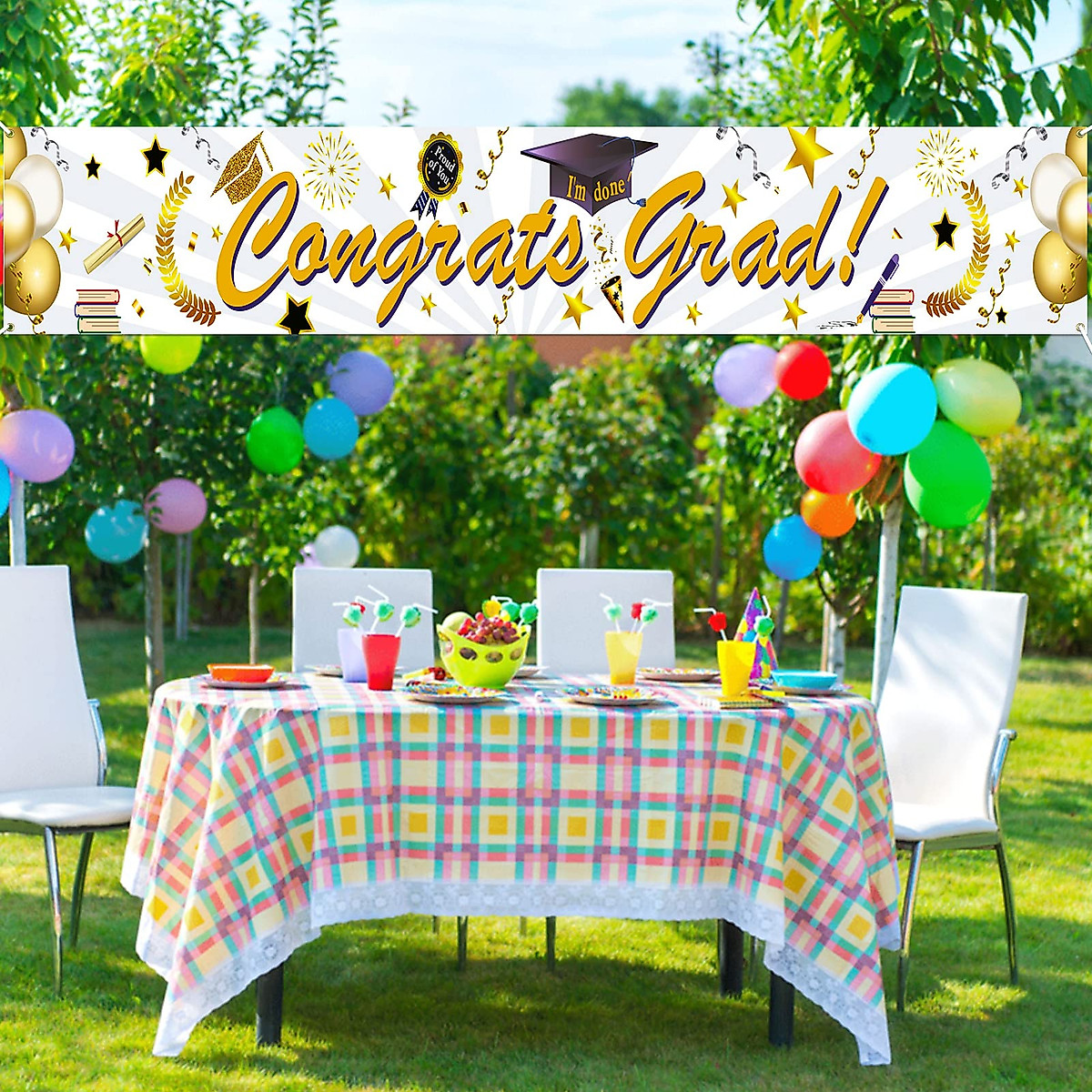 HOWAF Long Congrats Grad Fabric Banner for 2022 Graduation Party Decoration Gold and White, Graduation Banner Decoration Graduation Commencement Decoration of Table Wall Room Outdoor, with String