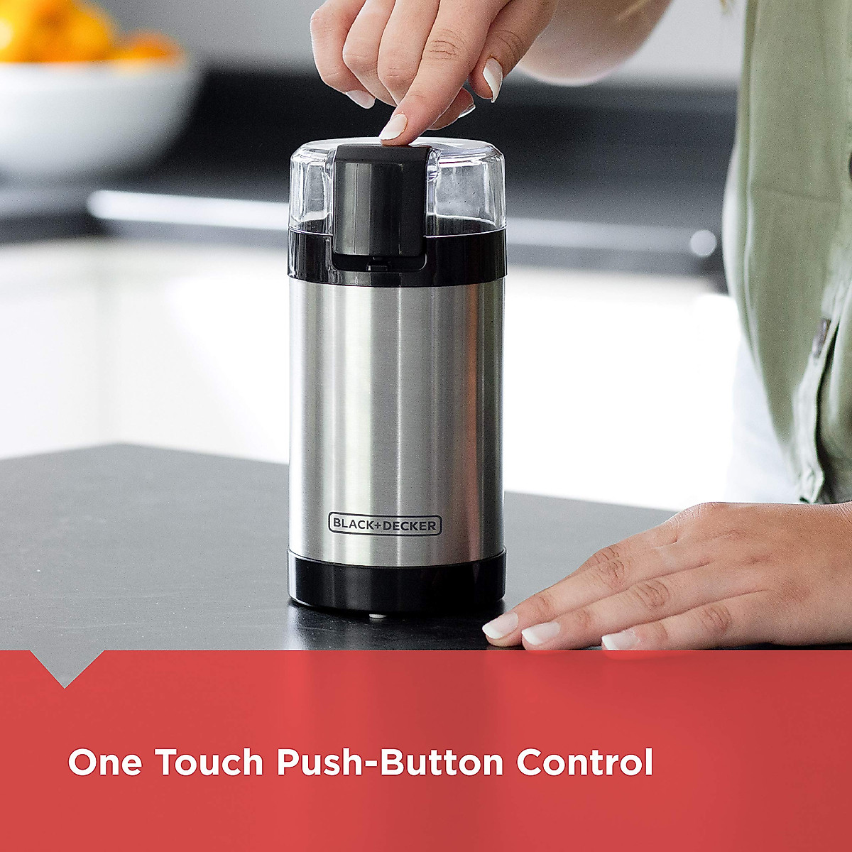 BLACK+DECKER Coffee Grinder One Touch Push-Button Control, 2/3 Cup Bean Capacity, Stainless Steel