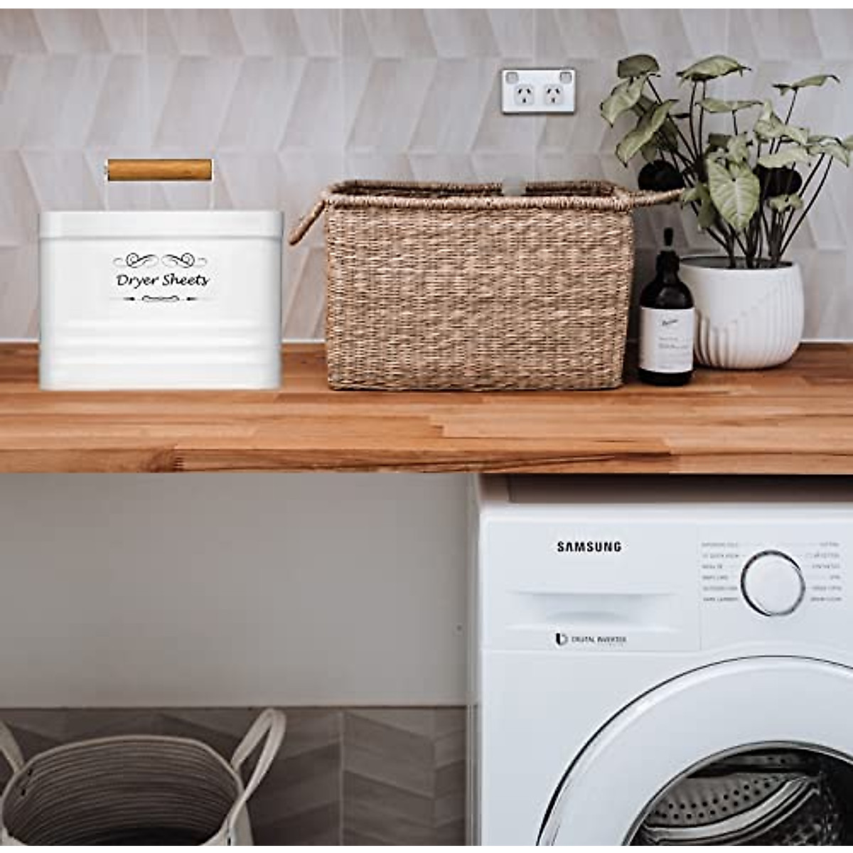 ELITAPRO Dryer Sheets Holder Modern Farmhouse Dryer Sheet Dispenser Container, Metal Dryer Sheet Box, Farmhouse Decor with Lid, Lint Bin for Laundry room, Storage Box, laundry room decoration, White