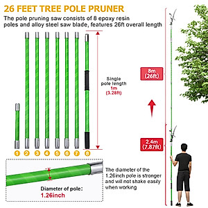 26 Feet Tree Pole Pruner Manual Branches Trimmer Tree Branch Garden Tools Loppers Hand Pole Saws Extendable Height Adustable System for Sawing and Shearing
