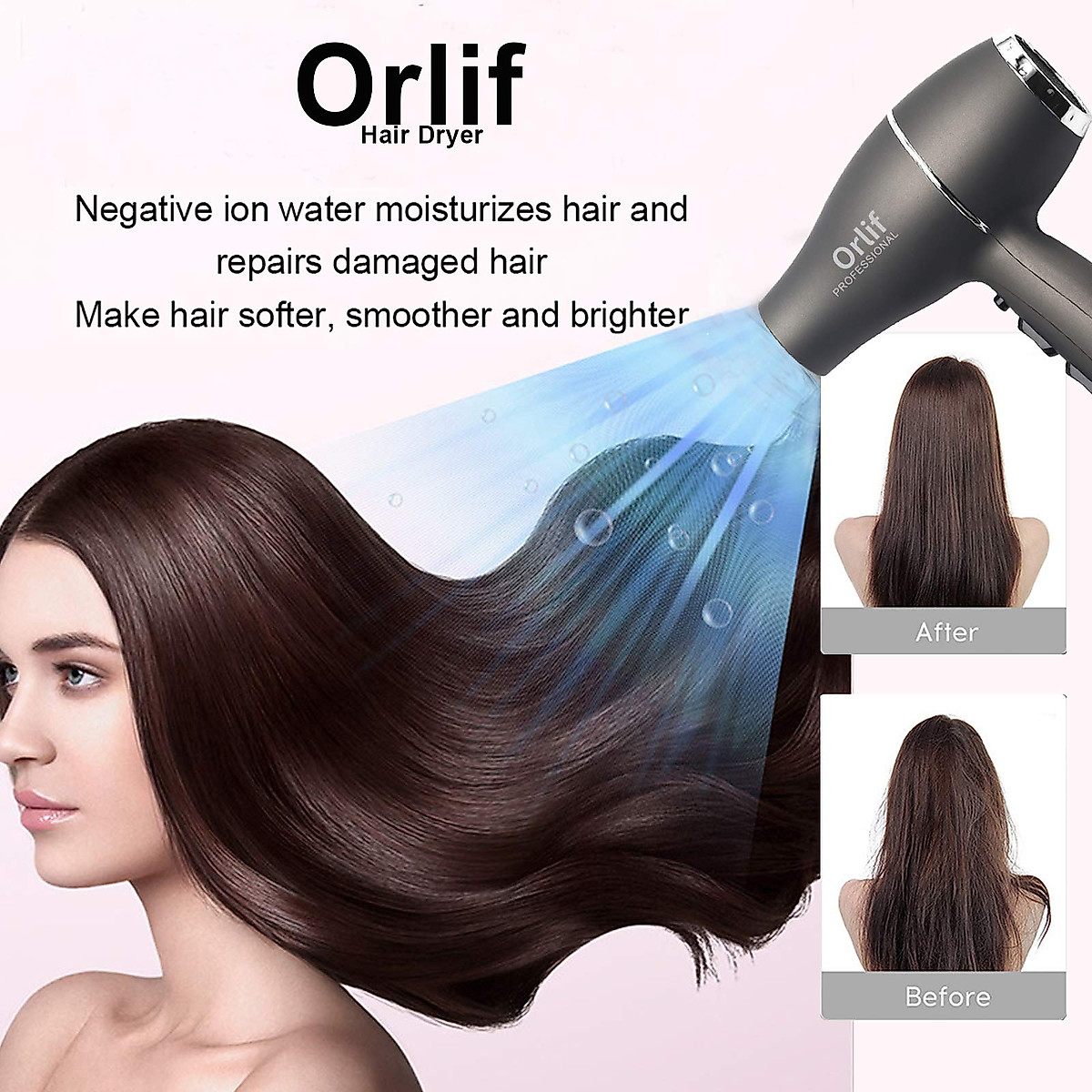 Orlif 1875W Hair Dryer，Ionic Fast Dry Noiseless Hair Blow Dryer with AC Motor，Professional Salon Hair Dryers with Diffuser，Concentrator，2 Speed and 3 Heat Settings，Cool Shot Button，Gray