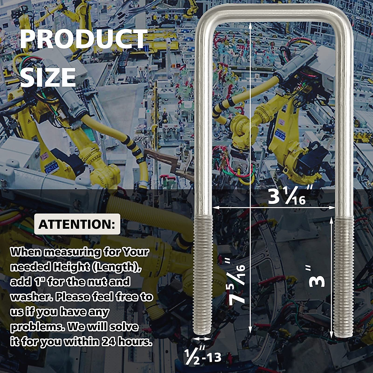 FITHOIST 4Pack Square U-Bolt 1/2"-13 Thread Size, 304 Stainless Steel U Bolts 1/2" D x 3-1/16" W x 7-5/16" L with Washers & Nuts, for Replacement Parts and Accessories for Sailboat Trailer