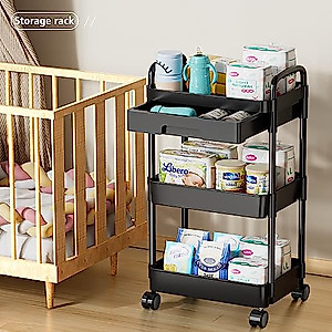 3-Tier Rolling Cart wiht Drawer, Multifunctional Utility Cart Craft Art Cart Trolley Organizer with Plastic Shelf & Metal Wheels, Storage Cart for Kitchen,Bathroom,Living Room,Office,Black