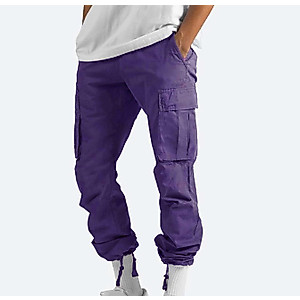 Your Orders Cargo Pants for Men Relaxed fit Hiking Joggers Sweatpants Casual Loose Cotton Drawstring Straight Pants with Pockets Men's Pants Elastic Waistband Jeans Purple 2X
