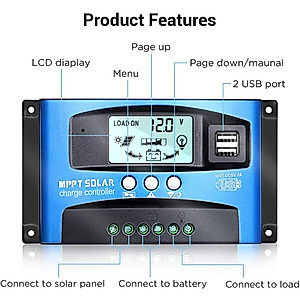 MPPT Solar Charge Controller 60 Amp,12V/24V Solar Panel Charger Intelligent Regulator with Dual USB Port+LCD Display (60A,12V/24V)