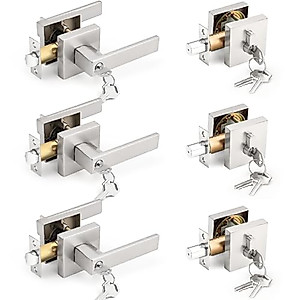 Keyed Entry Door Lever and Double Cylinder Deadbolt Set, Keyed Alike Reversible Lockset, Satin Nickel Square Interior/Exterior Handleset for Bedroom, Front Door 3 Pack