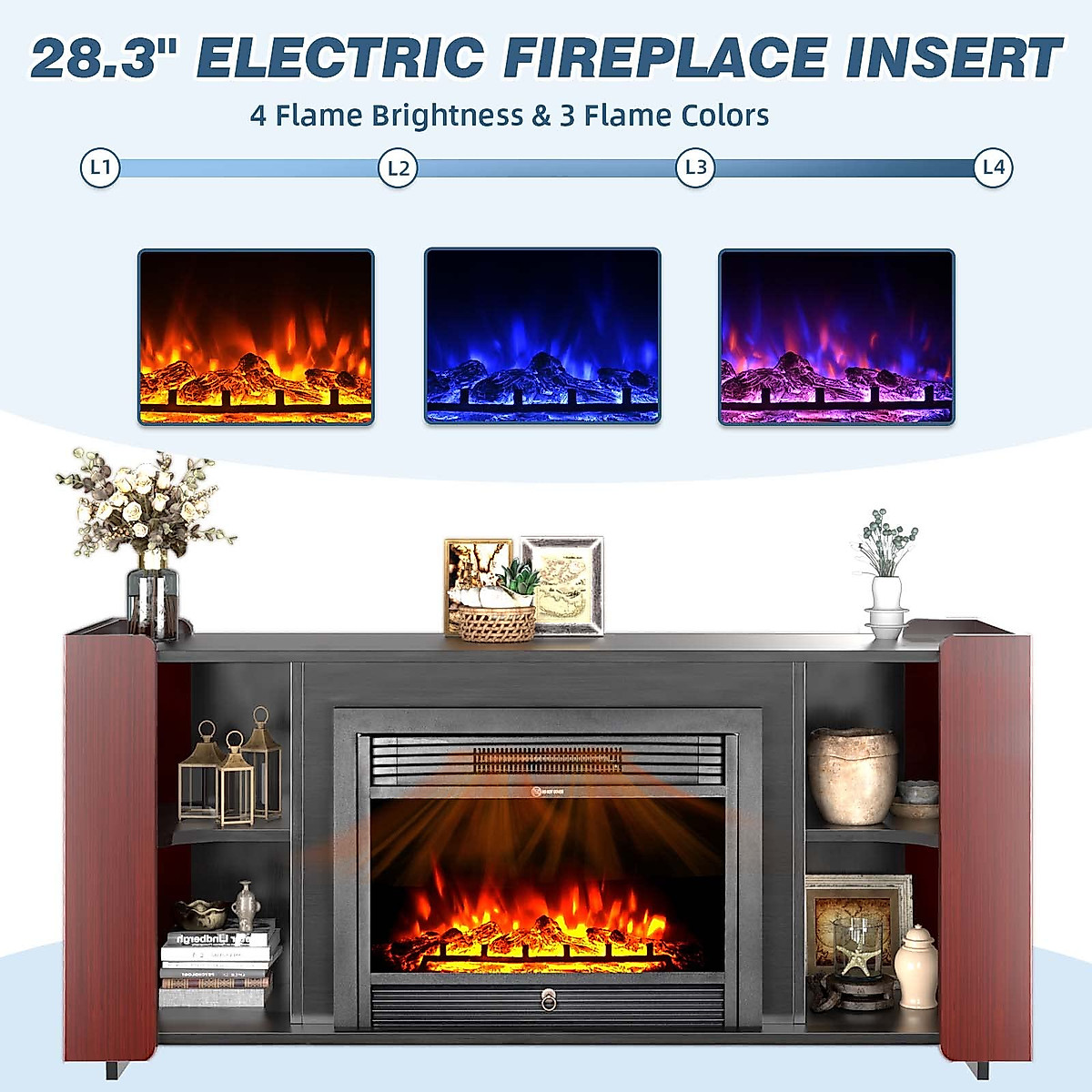 EROMMY 63'' Fireplace TV Stand with 28'' Electric Fireplace Insert, Entertainment Center with 3 Colors Flame Fireplace Heater, TV Console for TVs up to 70'' for Living Room, Bedroom, Office, Cherry