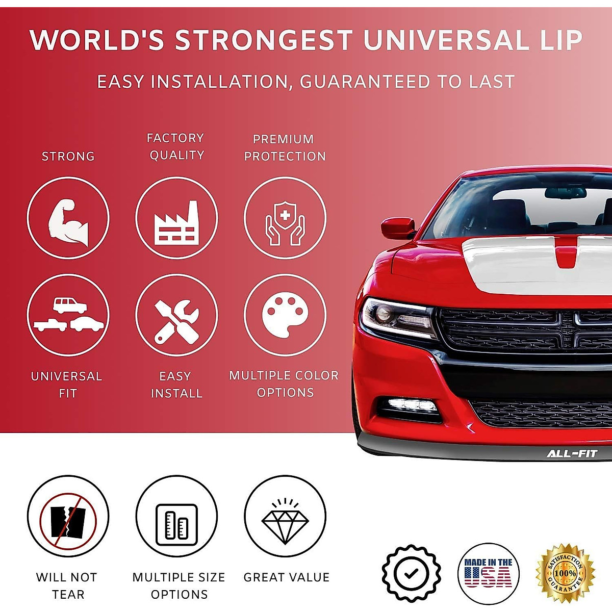 All-Fit Complete 1.5” Lip Kit – Full Car Bumper & Side Skirt Protection – Sleek, Flexible Trim for a Lowered Look – Durable, Easy-to-Install Automotive Exterior Accessories (1.5” W x 30’ L, Red)