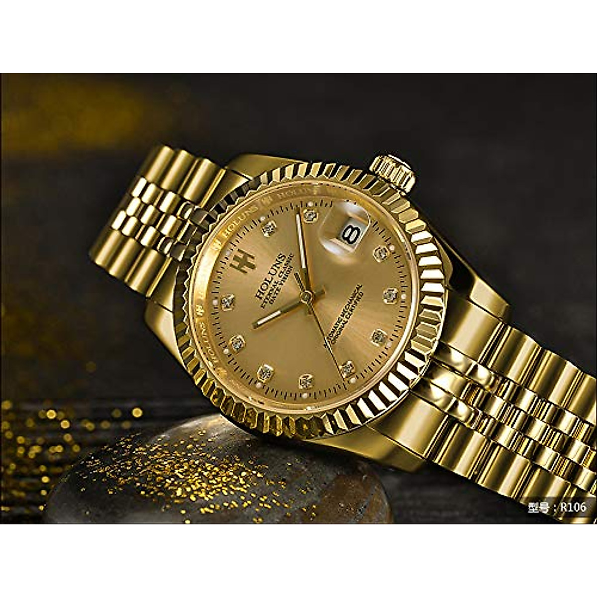 HOLUNS Mens Full Gold Watch Automatic Mechanical Gilded Steel Self-Wind Sapphire Glass Dress Waterproof Watch (Gold)