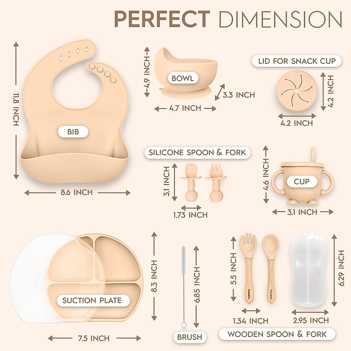 Baby Led Weaning Supplies Silicone Baby Feeding Set–11Pcs Baby Feeding Supplies with Suction Bowl and Plate, Fork, Spoon, Bib, Sippy Cup, Food-Grade Silicone Baby Utensils (Beige)