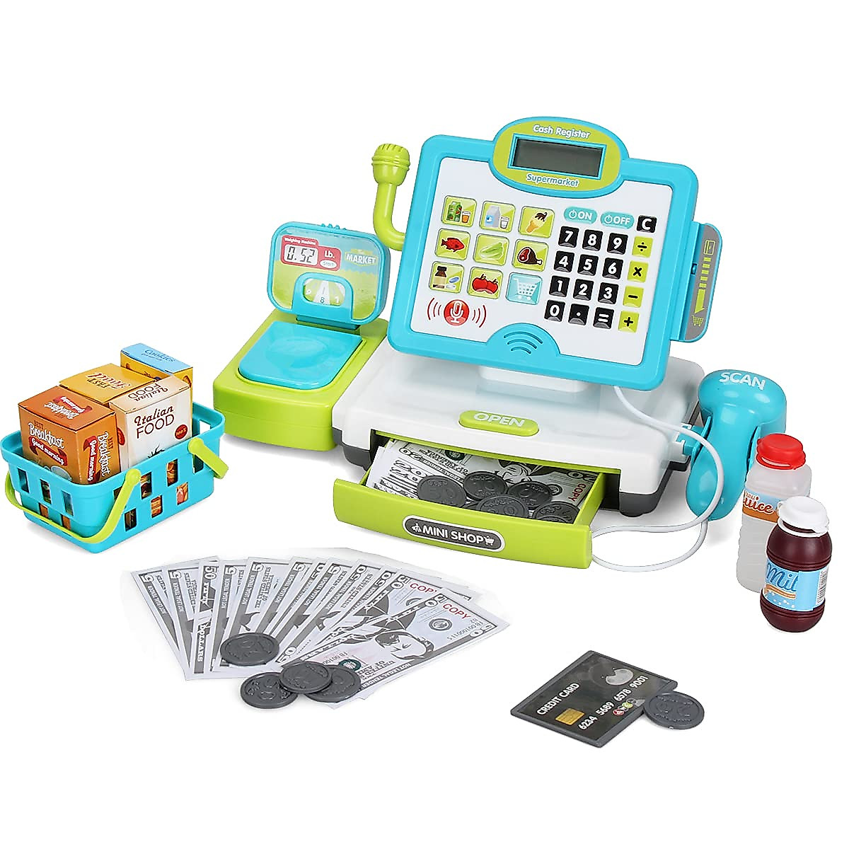 FS Pretend Play Calculator Cash Register Toy as Preschool Gift for Kids, Classic Count Toy with Sound, Microphone, Scanner, Pretend Credit Card, Play Food for Boys & Girls,45 Pieces, Ages 3 4 5 6 7
