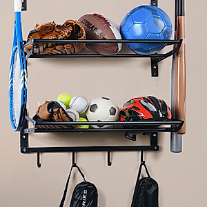 XCSOURCE Garage Sports Equipment Storage Rack with 3 Separate Shelf, Ball Rack, Sport Equipment Organizer with 4 Hooks for Badminton Racket, Basketball Rack for Basketball Football Rugby