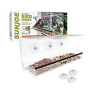 Sun Joe SJ-WBF-WN Outdoor Window Bird Feeder for Wild Birds, Bluebirds, Cardinals, and Others w/ 3 Heavy Duty Suction Cups, 2 Sliding Seed Trays, Drain Holes, Clear