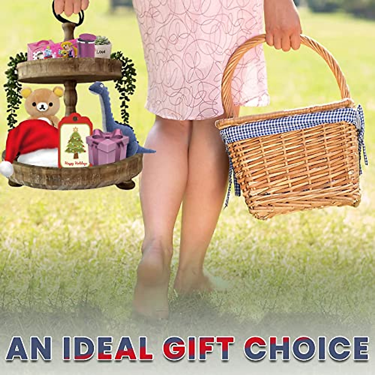 DECORIO Farmhouse Distressed Two Tier Brown Decorative Tray - Wood Tiered Tray Stand - Two Tier Tray Easter Tiered Tray Decor - Two Tiered Tray - 2 Tier Wooden Tray 2 Tier Serving Tray 17"x13"