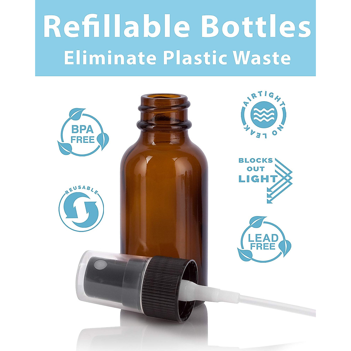 JUVITUS 1 oz Amber Glass Boston Round Bottle with Black Fine Mist Sprayer (12 pack) + Funnel