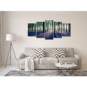 Pyradecor Early Morning Lavender Canvas Prints Wall Art Purple Floral Pictures Paintings for Bedroom Kitchen Bathroom Home Decor Modern 5 panels Stretched and Framed Flowers Landscape Giclee Artwork