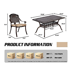 TITIMO Cast Aluminum Patio Dining Set 7-Piece with Cast-Top Table and Chairs with Cushions,Outdoor Furniture Set for Backyard Porch Pool (6 Love Chairs+Rect Table+Khaki Cushions)