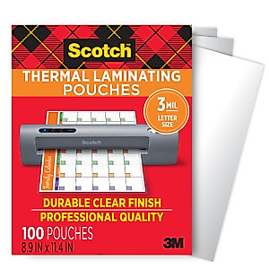 Scotch Thermal Laminating Pouches, 100 Pack Laminating Sheets, 3 Mil, 8.9 x 11.4 Inches, Education Supplies & Craft Supplies, For Use With Thermal Laminators, Letter Size Sheets (TP3854-100)