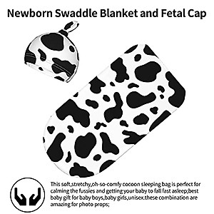 Cow Print Baby Stuff Swaddle Blankets Beanie Hat Sets Soft and Stretchy Newborn Receiving Blanket Swaddle Sack for Baby Shower Infant Boy and Girl Gift