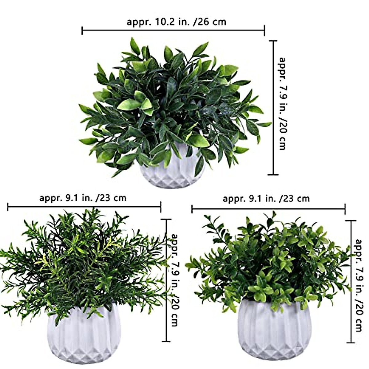 Winlyn 3 Pcs Faux Potted Plants Set - Artificial Eucalyptus, Rosemary, Boxwood Greenery in Small White Geometric Planters for Indoor Outdoor Desk Table Centerpiece Shelf Windowsill Home Office Decor