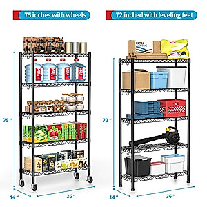 Hodonas 5-Tier Storage Shelves with Wheels, Freestanding Metal Shelves for Storage Wire Shelving Unit Storage Shelf, Metal Shelving Rack for Pantry Garage Kitchen Storage, Black, 36"W x 14"D x 75"H …