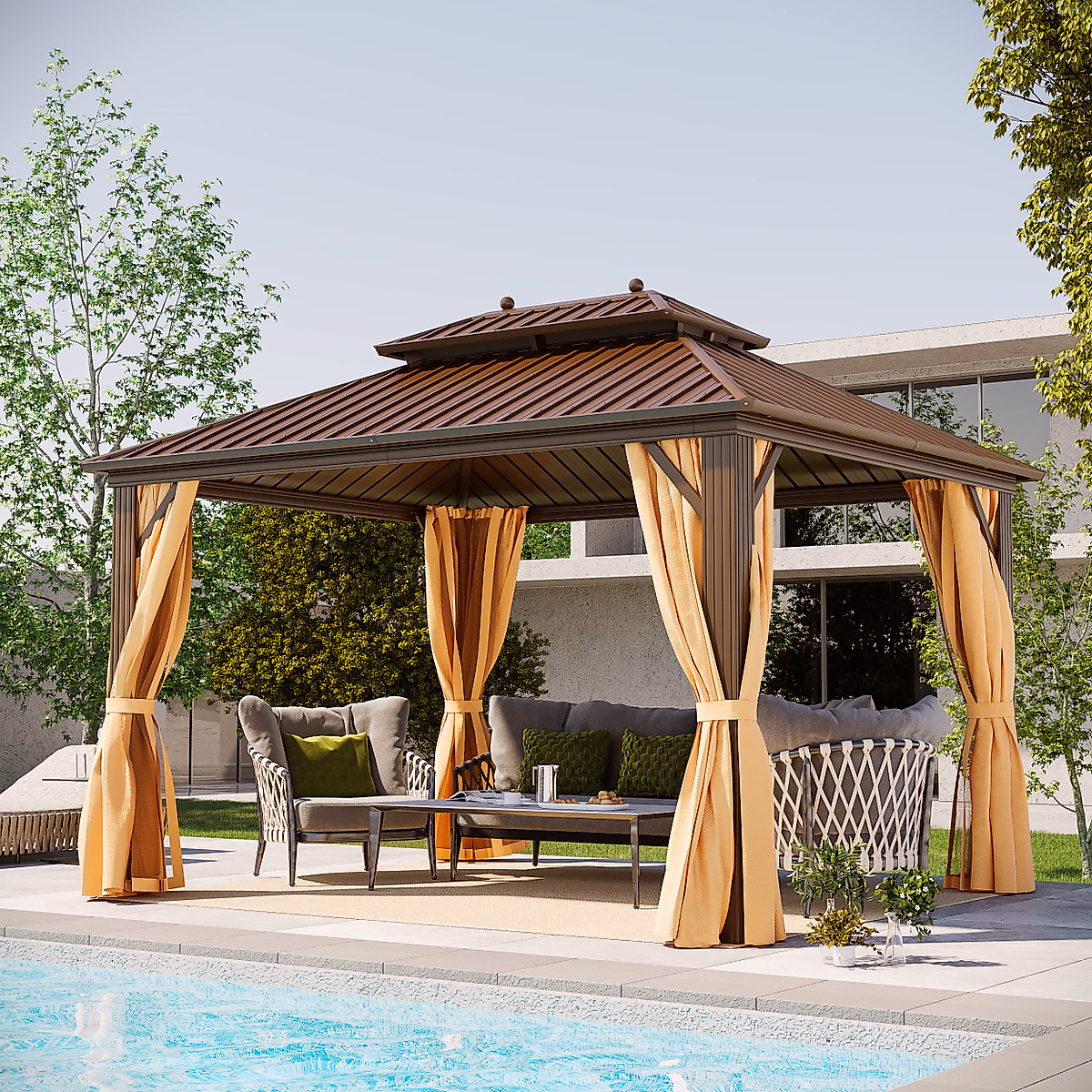 GAZEBEST 10' X 12' Permanent Hardtop Gazebo, Outdoor Galvanized Steel Double Roof Pavilion Pergola Canopy with Aluminum Frame and Privacy Curtains for Garden Patio,Patio Backyard,Deck and Lawns