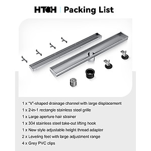 HTOH Shower Drain, 2 in 1 Linear Shower Drain 24 Inch(Brushed Nickel), 304 Stainless Steel Shower Floor Drain with Tile Insert Grate,Adjustable Feet,Hair Filter