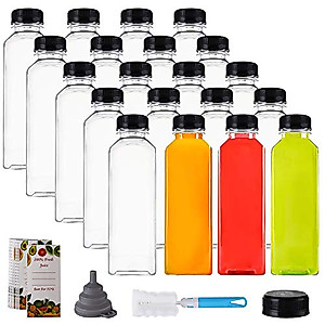 Cedilis 20 Pack 16oz Plastic Juice Bottles with Black Cap, Clear Reusable Containers with Lids, Great Disposable Bottles for Making Juice, Milk, Salad Dressing, Smoothie and Other Beverages