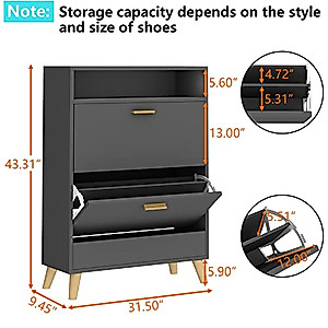 Gyfimoie Shoe Storage Cabinets, Free Standing Shoe Organizer with 2 Flip Drawers for Entryway, Narrow 3 Tier Entryway Hidden Shoe Rack with Doors (Grey)