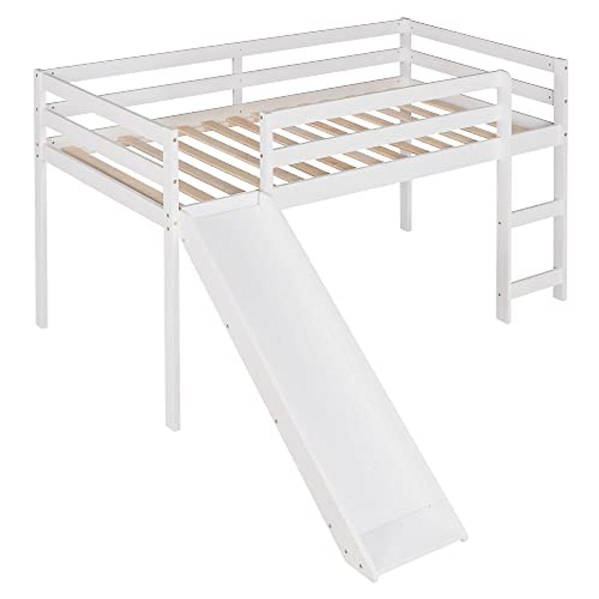 GAOWEI Twin Loft Bed with Slide and Ladder for Kids, Loft Bed, Twin Wood Kids Bed with Slide Multifunctional Design,Wood Low Profile Kids Mini Loft Bed Twin Size with Ladder (White)