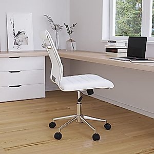 Merrick Lane Corrina White Ergonomic Swivel Office Chair Ribbed Faux Leather Back and Seat Mid-Back Armless Computer Desk Chair with Chrome Base