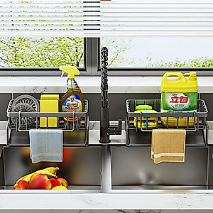 MINGFANITY Sponge Holder for Kitchen Sink with Drain Tray, Neat Kitchen Sink Caddy - Kitchen Sink Organizer - Quick Draining（Matte Black）