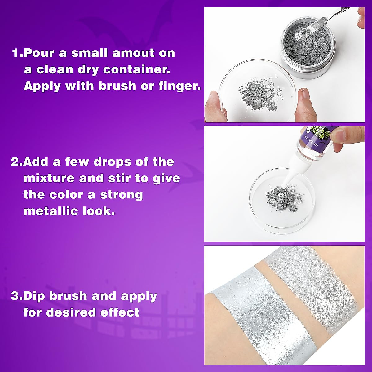 DE'LANCI Silver Face Paint Metallic Powder Kit, Metal Chrome Pigment Powder Foundation for Face & Body, Halloween SFX Makeup Shimmer Powder with Mixing Liquid and 2 Brushes for Stage Party 0.43 Oz