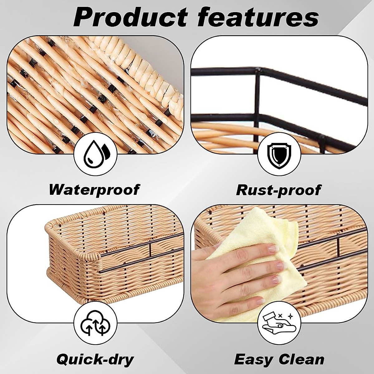 kuchisity Shower Caddy, 3 Pack Shower Caddy Shelves Organizer Rack No Drilling Wall Mounted Self Adhesive Shower Shelves, Wicker Shower Rack for Home Decor - Natural
