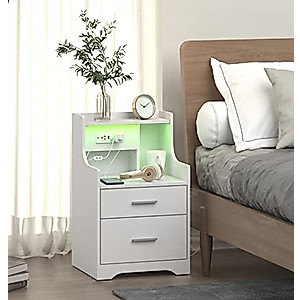 Nightstand with Charging Station & LED Lights, White Nightstand with 2 Drawers and Open Storage, Bed Side Table Night Stand for Bedroom Living Room Office, White Wood Side Table
