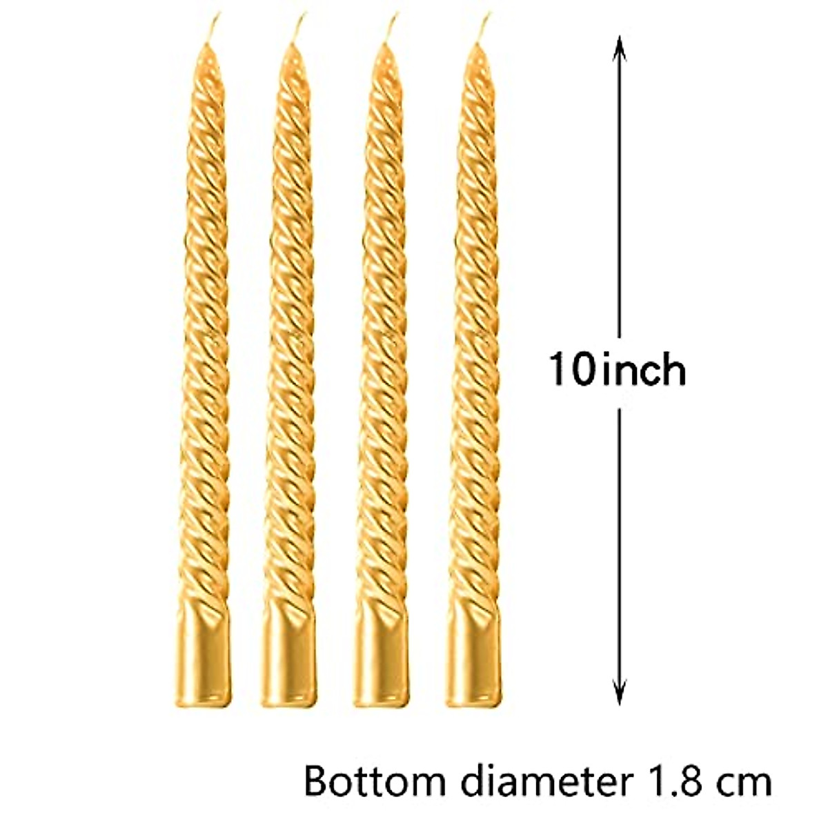 Kandelo Tall Metallic Spiral Candle - 10Inch Metallic, Dripless, Unscented Dinner Candle - Paraffin Wax with Cotton Wicks -Individually Wrapped Long CandleUnscented Dinner Candle (4 Spiral Golden)