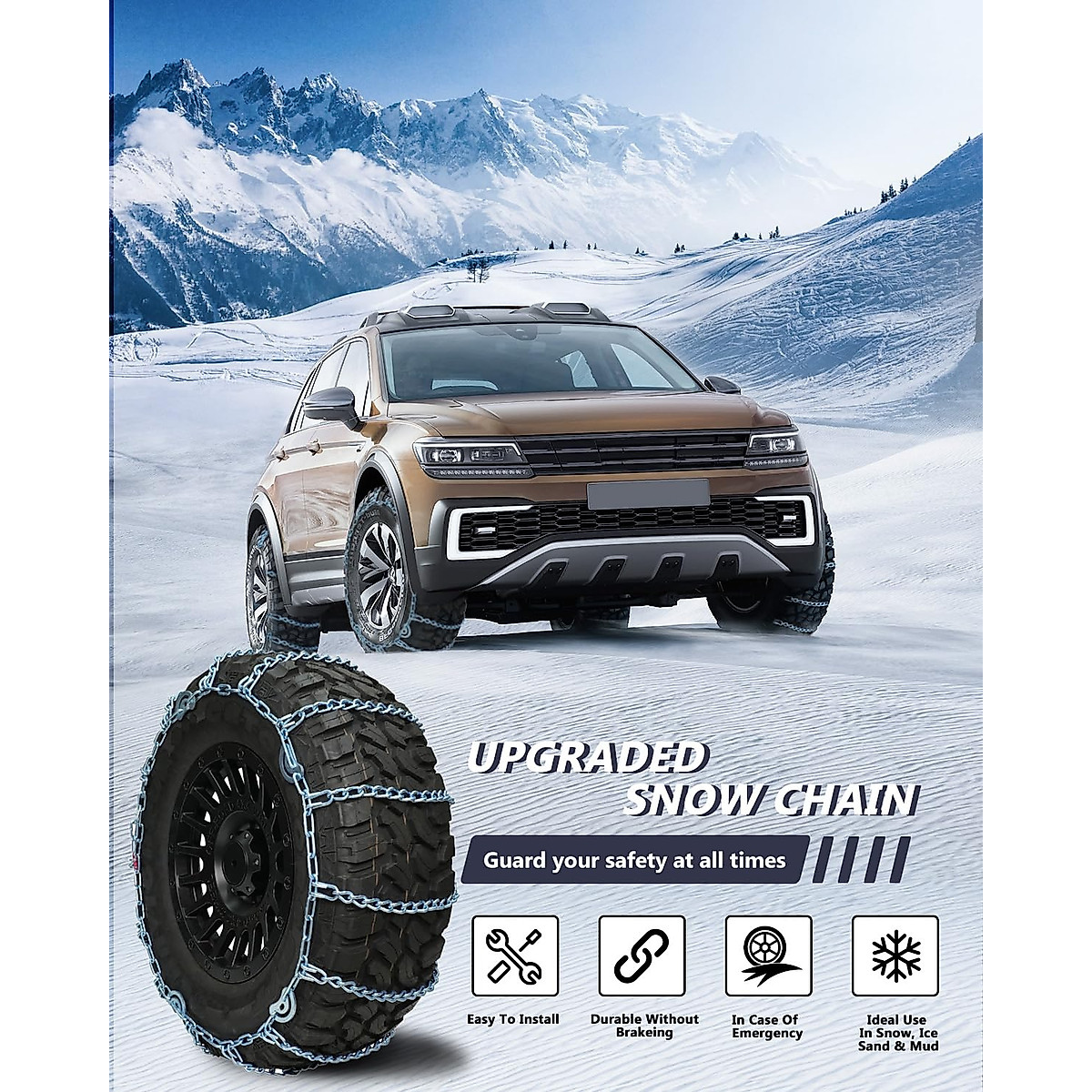 SCITOO QG2228CAM Snow Chains for Car Pickup Trucks SUV,Universal Emergency Tire Traction Chain,Anti-Skid Thickening Tire Chains Width 225 235 245 255 265 275 285 295(15" 16" 17" 18" 19" 20")- Set of 2