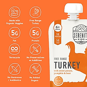 Serenity Kids 6+ Months Baby Food Pouches Puree Made With Ethically Sourced Meats & Organic Veggies | 3.5 Ounce BPA-Free Pouch | Free Range Turkey, Sweet Potato, Pumpkin, Beet | 1 Count