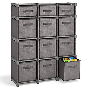 12 Cube Storage Organizer, Gray Storage Cubes Organizer Shelves, Sturdy Cubbies Storage Shelves with Cube Storage Organizer Bins, DIY Cube Shelf Organizer for Bedroom, Playroom, Office, & Dorm, Black