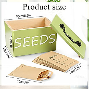 Seed Storage Box Organizer with 20 Pcs Resealable Self Stick Paper Seed Envelopes Wooden Compact Seed Packet Container with Lid Green Seed Storage Organizer Box Seed Packet Organizer