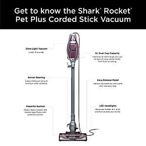 Shark HV322 Rocket Deluxe Pro Corded Stick Vacuum with LED Headlights, XL Dust Cup, Lightweight, Perfect for Pet Hair Pickup, Converts to a Hand Vacuum, with Pet Attachments, Bordeaux/Silver