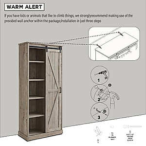 72” Tall Farmhouse Bookshelf, 32” Wide Large Modern Wooden Bookcase with Sliding Barn Door, 5-tier Display Cabinet with Adjustable Shelves, Storage Cabinet for Living Room, Bedroom, Light Grey