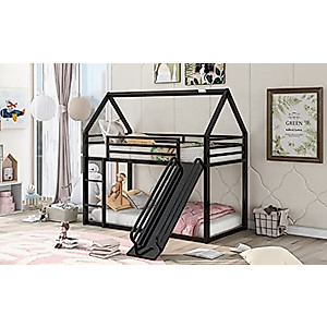 Tidyard Twin Over Twin House Bunk Bed with Ladder and Slide,Black for Bedroom Dorm Guest Room Home Furniture