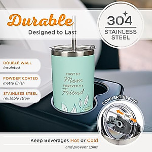 Christian Art Gifts Reusable Stainless Steel Tumbler Travel Mug w/Straw for Mothers: First My Mom Forever My Friend w/Scripture, Vacuum Insulated, Pop-up Lid, Hot/Cold, Cute Mint Green Floral, 18 oz.