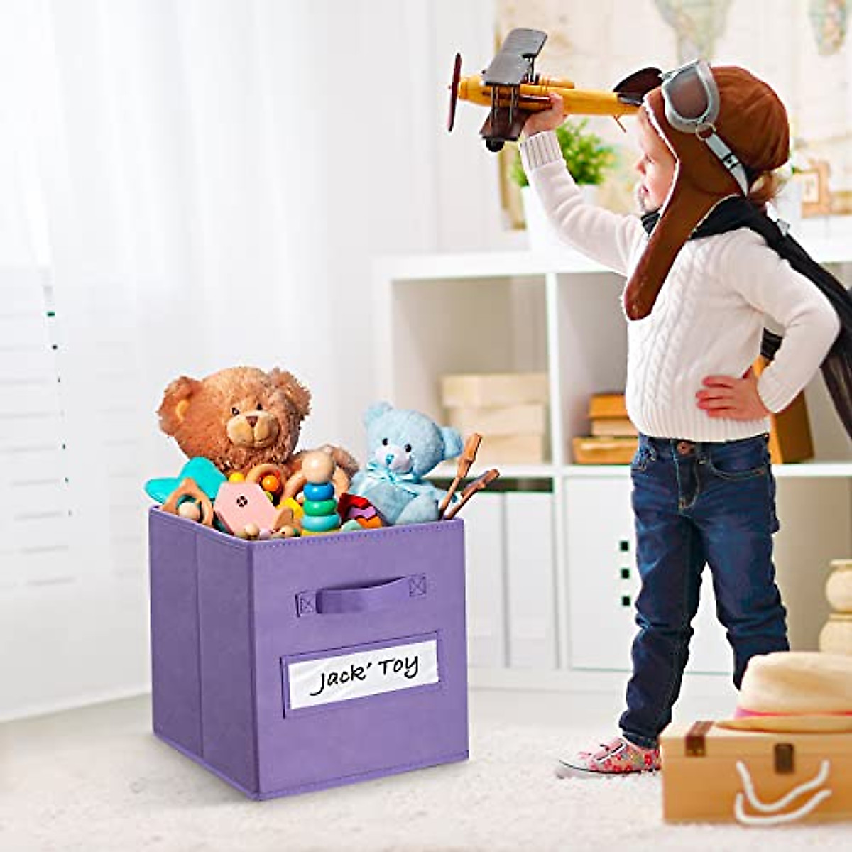 artsdi Set of 10 Storage Cubes,Foldable Fabric Cube Storage Bins with 10 Labels Window Cards & a Pen,Baskets Containers for Shelves, Closet Organizers Box for Home & Office,Purple