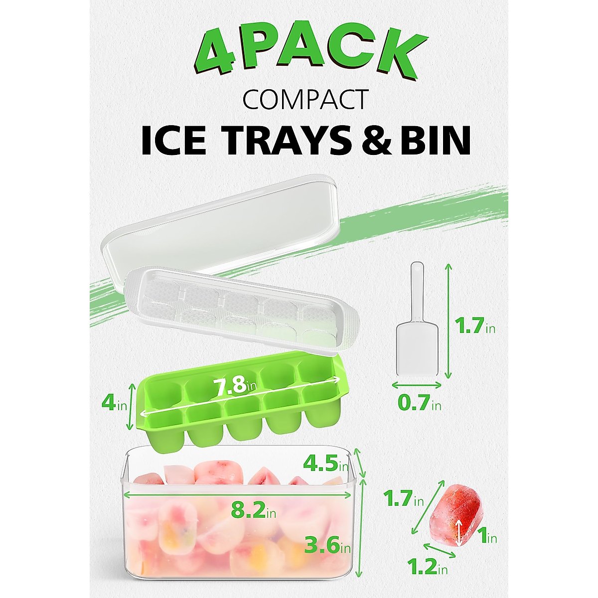 DOQAUS Ice Cube Tray with Lid and Bin, 4 Pack Ice Trays for Freezer, Easy Ice Pop Out Silicone Ice Cube Trays for Freezer with Cover, Stackable Storage Compact Ice Bucket Kits for Popsicles