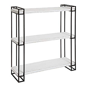 Kate and Laurel Lintz Modern Industrial Wood and Metal Floating Wall Shelves with Black Metal Frame, Rustic White