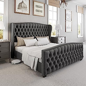 LUXOAK Queen Platform Bed Frame with Wingback Headboard, Velvet Upholstered Bed Frame with Handmade Button Tufted & Nailhead, Wooden Slats Support, Grey