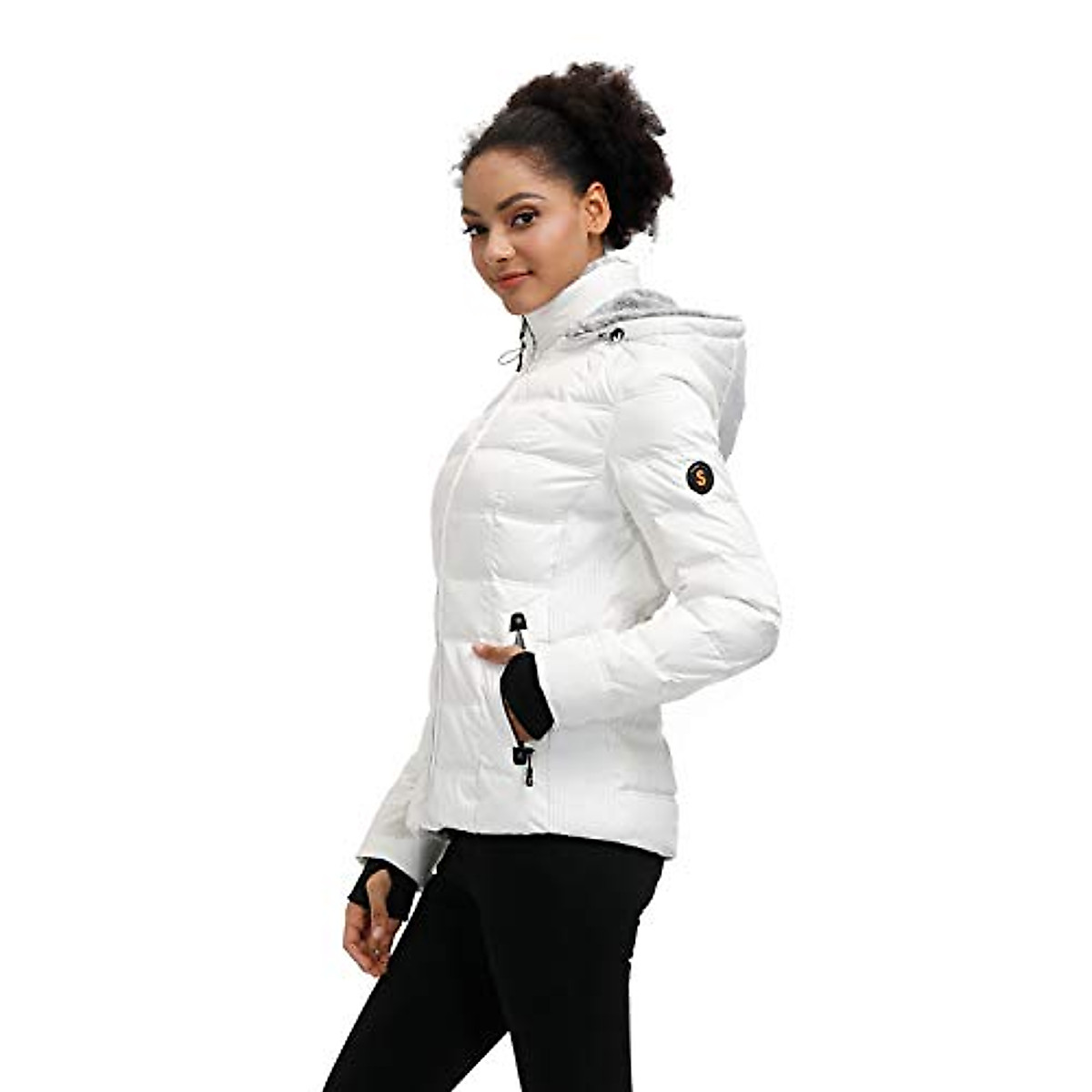 SLOW DOWN Women Midweight Down Puffer Jacket, Warm Hooded Winter Down Jacket for Women with Faux-Fur Hood & Collar (White, L)