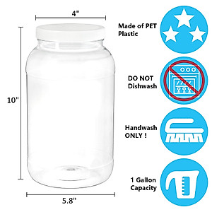 ZOOFOX 2 Pack Plastic Jars with Lids, 1 Gallon Wide Mouth Storage Containers, Empty Plastic Jars for Kitchen & Household Storage of Dry Goods, Peanut, Candy, Noodles